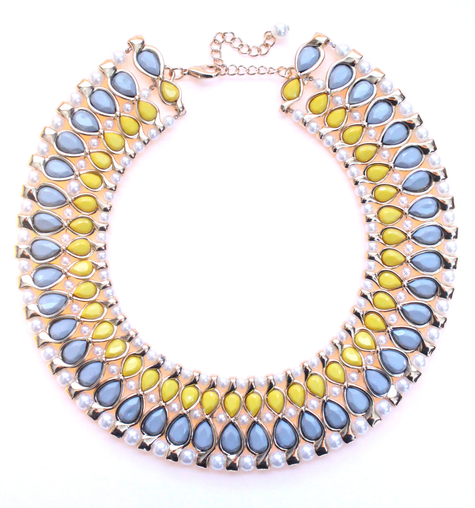 Beaded & Jeweled Collar Statement Necklace- Light Gray & Yellow – KAY K ...